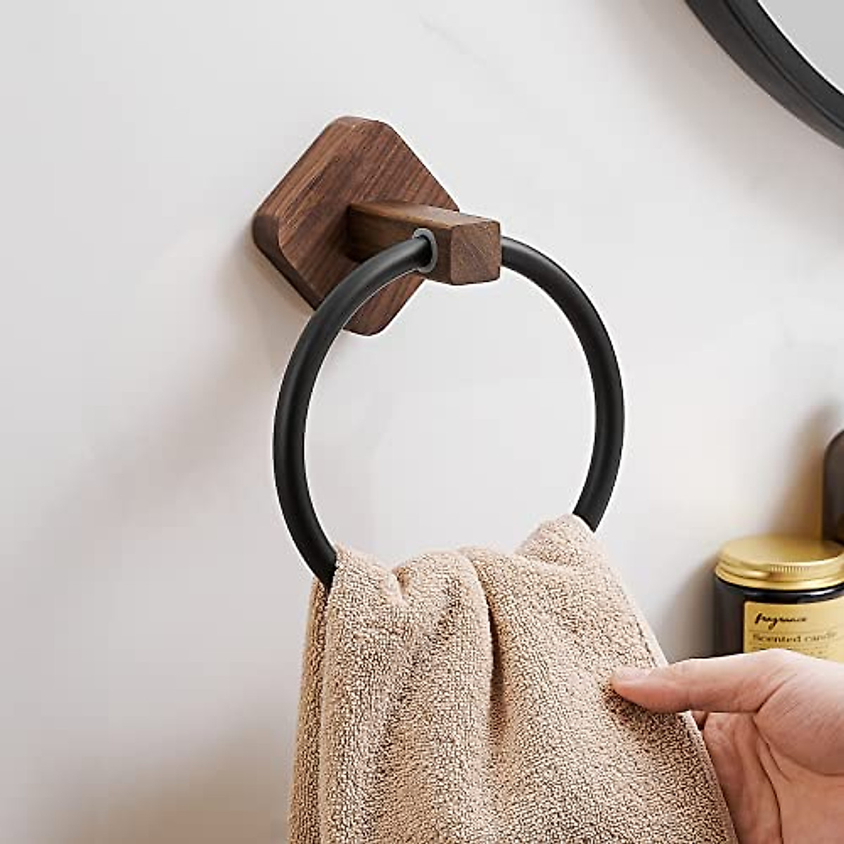 AODORAN Hand Towel Holder Towel Rack - Adhesive Towel Ring Wall Mount Wooden Aluminum Hand Towel Holder Bathroom Accessories Towel Rack for Bathroom Kitchen