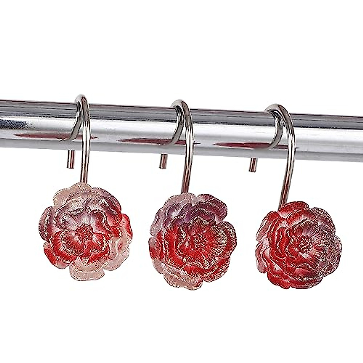 Twofish Home Luminous Burgundy Rose Flower Shower Curtain Hooks 100% Handwork Burgundy Rose Flower Shower Rings Decorative Resin Flower Shower Curtain Rings Set of 12