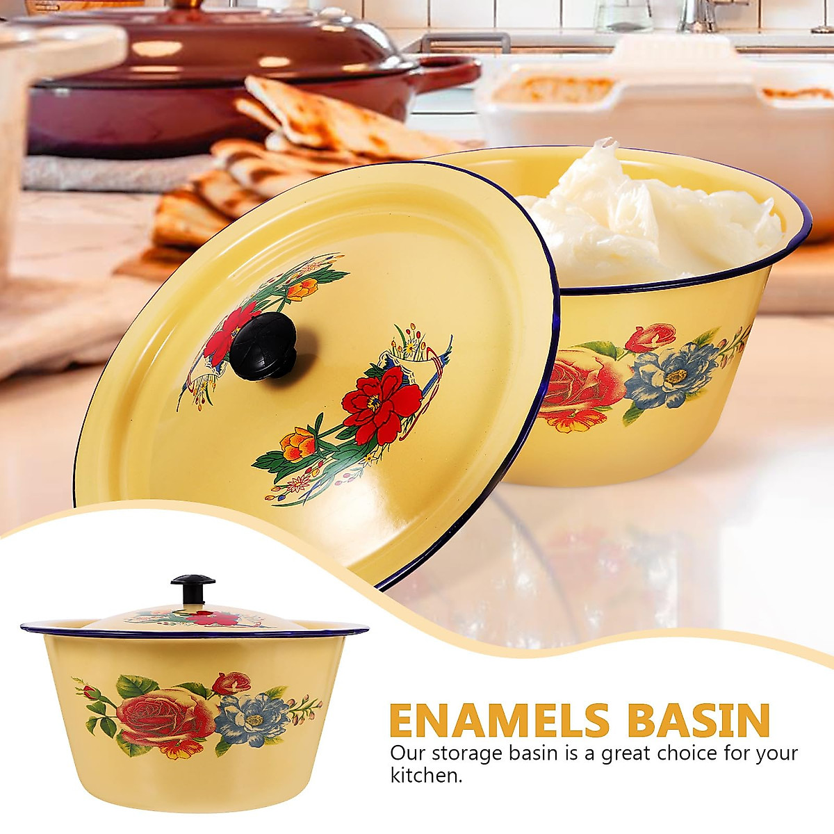Retro Flower Enamel Stew Stockpot: Non- Stick Ceramic Coated Low Stockpot Stew Pot with Lid 16cm Quart Stockpots Soup Casserole Pasta Milk Sauce Pot for Kitchen Cooking 18CM