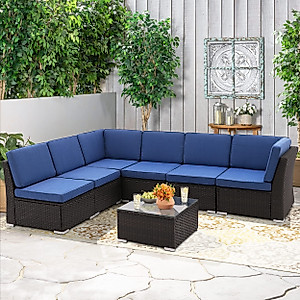 iArtHand 7PCS Patio Sofa Set with Coffee Table Patio Conversation Set Outdoor Sectional Sofa PE Rattan Set Outdoor Furniture Sets All Weather with Thickened Cushion, Manual Weaving