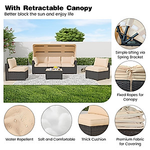 GAOMON Patio Furniture Sets 6 Pieces,PE Rattan Daybed with Retractable Canopy,Outdoor Sectional Furniture with Adjustable Backrest Patio Sofa with Glass Coffee Table