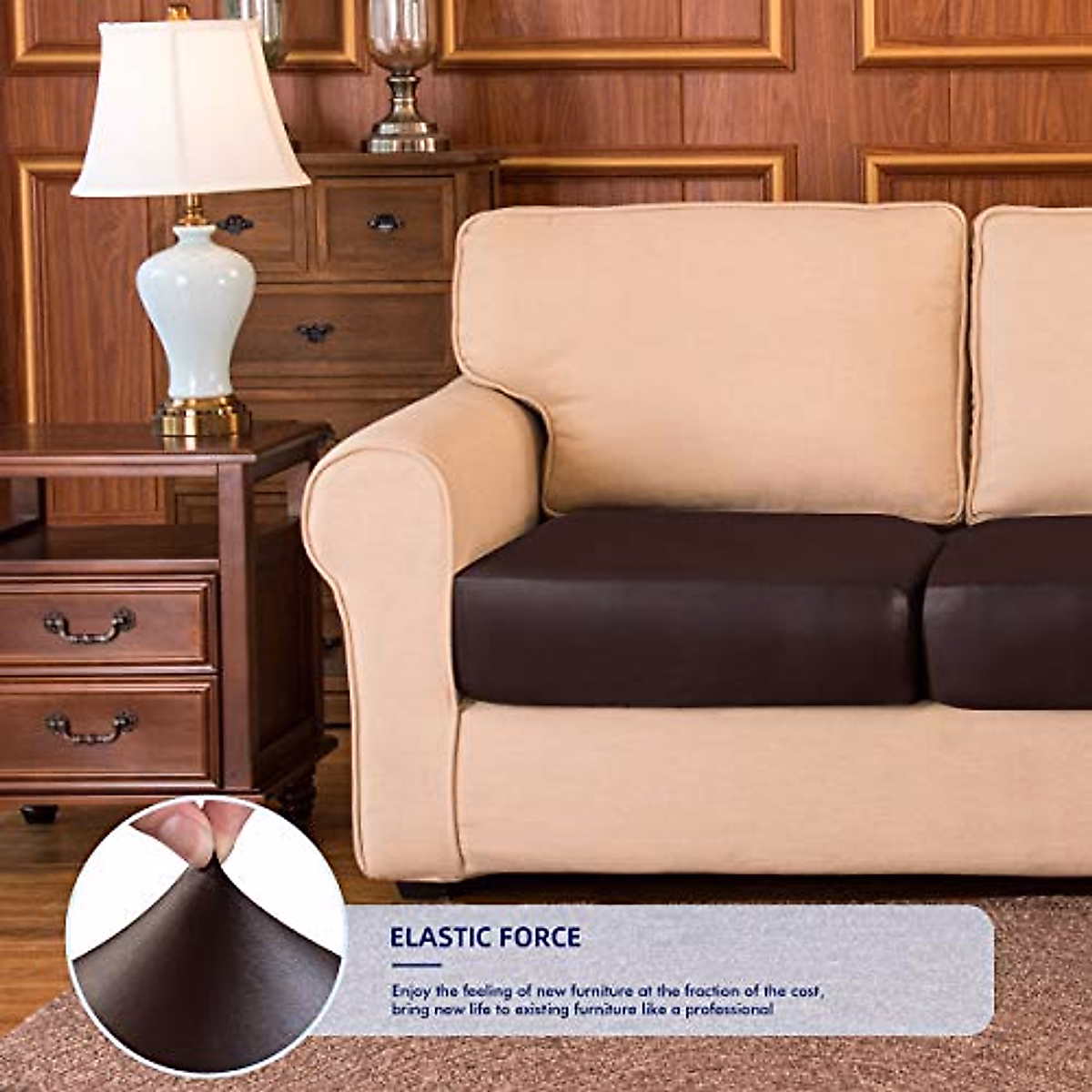 SUBRTEX Spandex Elastic PU Leather Couch Stretch Water-Proof Patio Durable Cushion Slipcovers Furniture Protector Slip Cover for Settee Sofa Seat for Replacement in Living Room