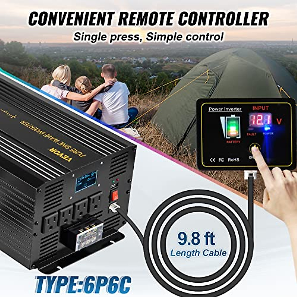 VEVOR Pure Sine Wave Inverter 3500 Watt Power Inverter, DC 12V to AC 120V Car Inverter, with USB Port LCD Display Remote Controller and AC Outlets (GFCI), for RV Truck Car Solar System Travel Camping