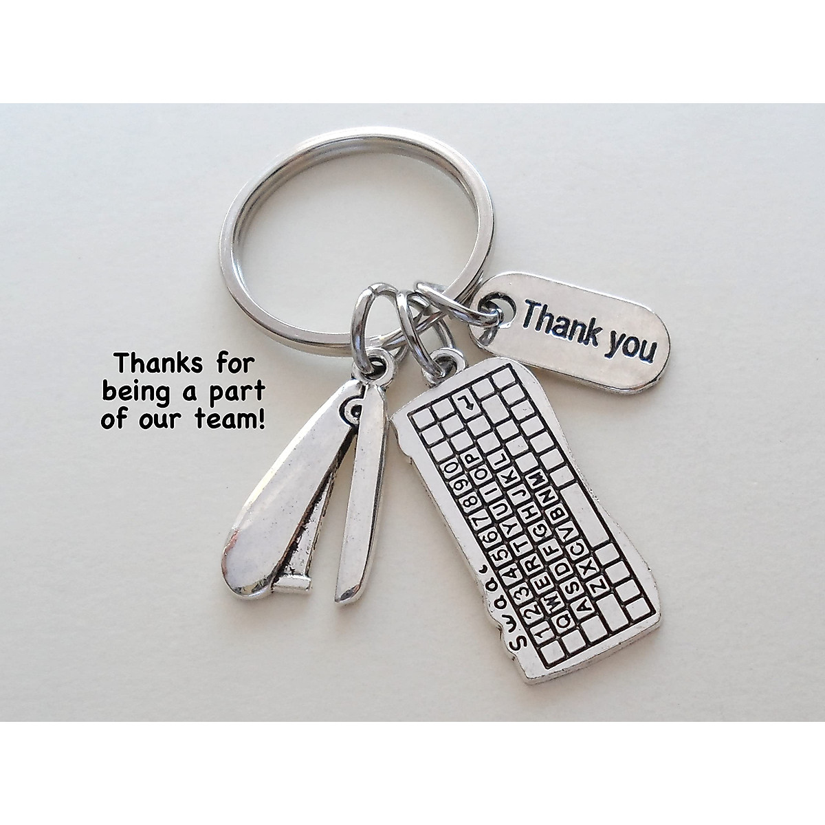 Computer Keyboard Charm Keychain with Stapler Charm & Thank You Charm; Secretary, Receptionist, Office Staff, or Employee Keychain