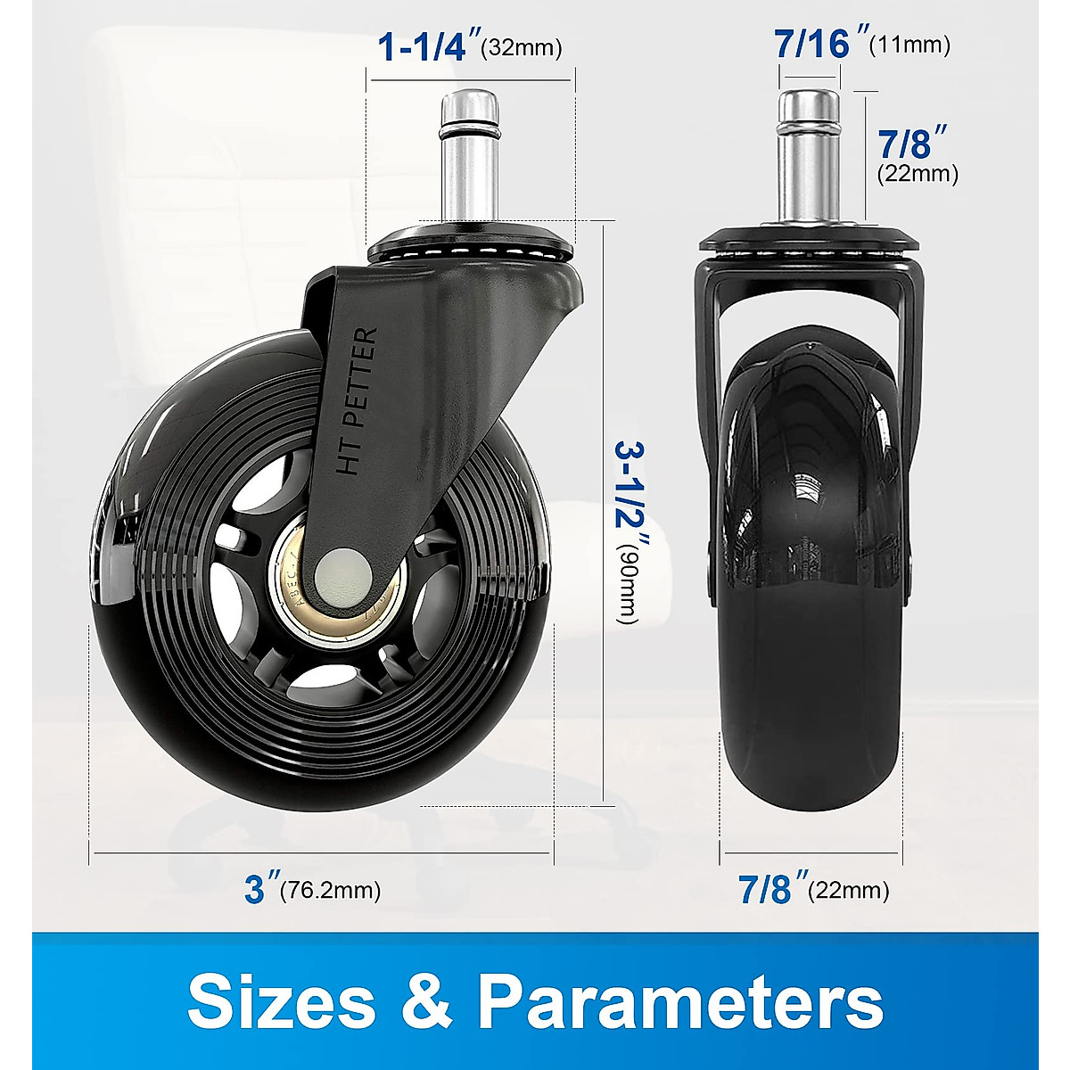HT PETTER Office Chair Wheels, Universal Rubber Steel Chair casters, 3 inch Heavy-Duty casters,100% No Scratches, Suitable for All Floors, Including Hardwoods and Carpets,Set of 5