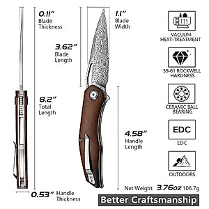 TRIVISA Handmade Pocket Knife,3.62'' 110 Layers Damascus Steel Blade,Front Flipper Wood Handle with Clip,Folding EDC for Men Outdoor Hunting Camping Hiking,Taurus-01i