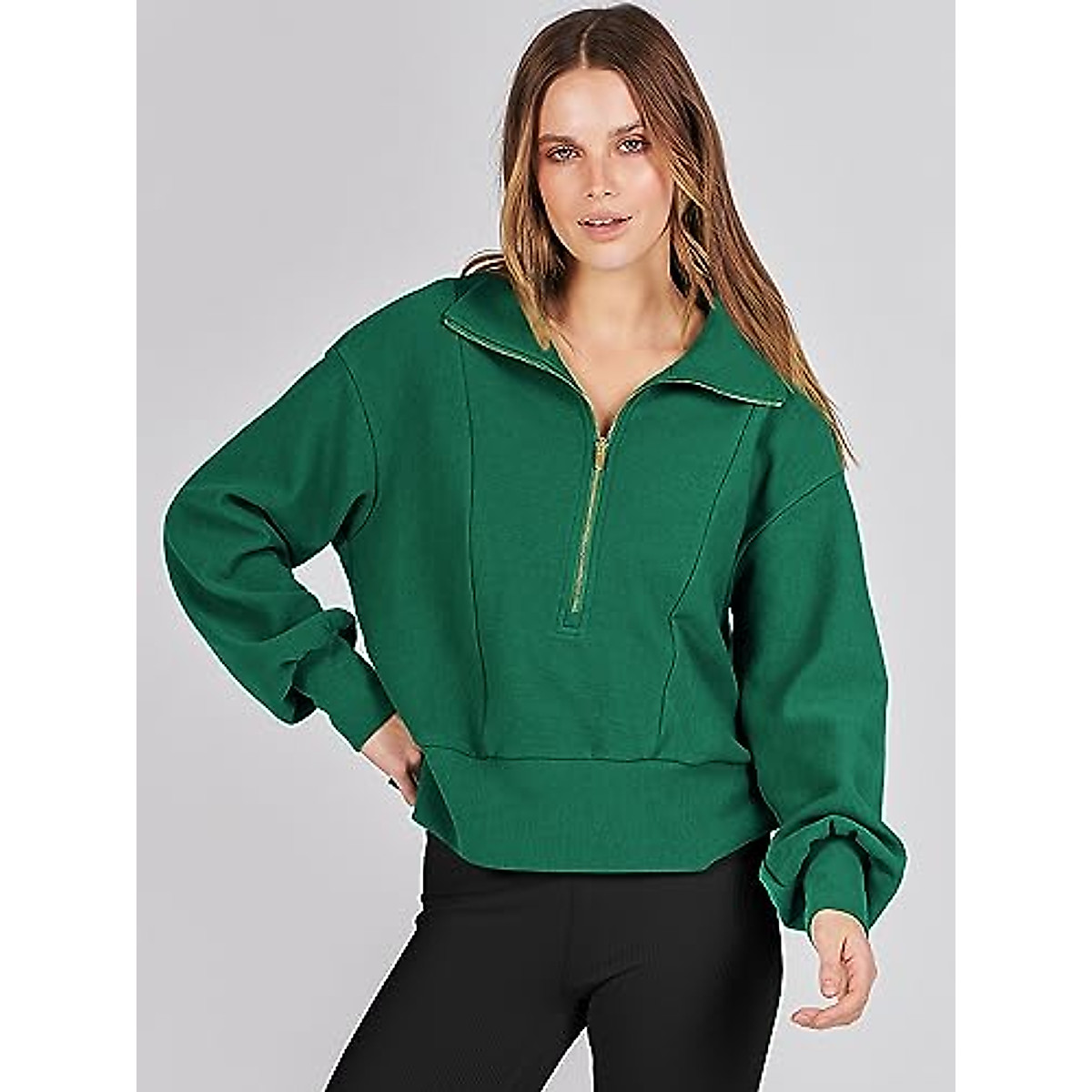 Caracilia Womens Cropped Sweatshirts Quarter Zip Pullover Half Zip Hoodies Long Sleeve Fleece 2023 Fall Casual Ribbed Knit Outfits Sweater Preppy Clothes C105A0-caolv-M Green