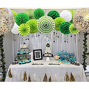 Green Hanging Paper Party Decorations, Round Paper Fans Set Paper Pom Poms Flowers for Birthday Wedding Graduation Baby Shower Events Accessories