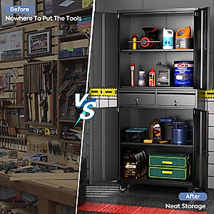 GLADIW Garage Storage Cabinet with Wheels, Metal Garage Storage Cabinet with 2 Drawers and 2 Adjustable Shelves for Homes, Offices, Kitchens, Schools and Pantries