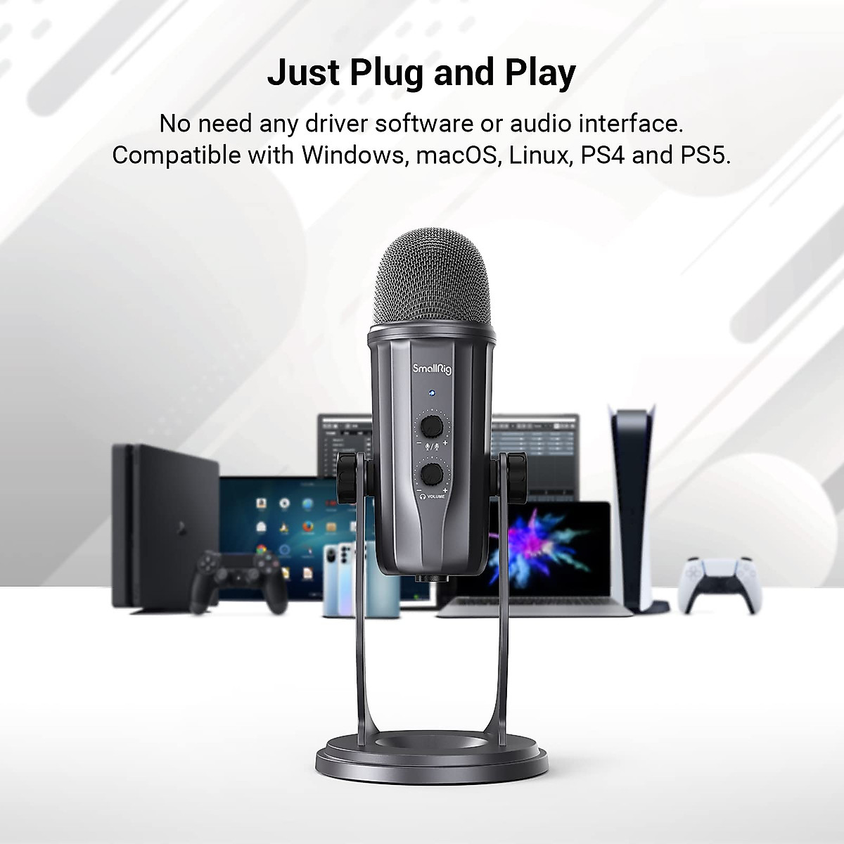 SMALLRIG U50 All Metal USB Microphone with Cardioid Pickup, Streaming Gaming Microphone for PC, PS5 & Mac, Shock Mount & Adjustable Stand, Condenser Microphone for Recording, Plug n Play, Grey - 3465