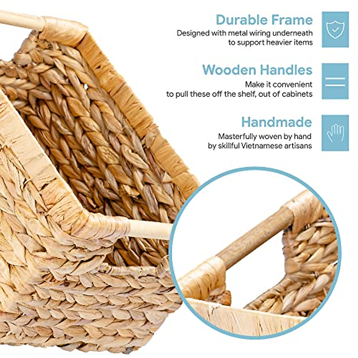 Natural Water Hyacinth storage basket with Handle, Rectangular Wicker Basket for Organizing, Decorative Wicker Storage Basket for Living Room, Medium Wicker Basket 12.2 x 8.9 x 6.9 inches