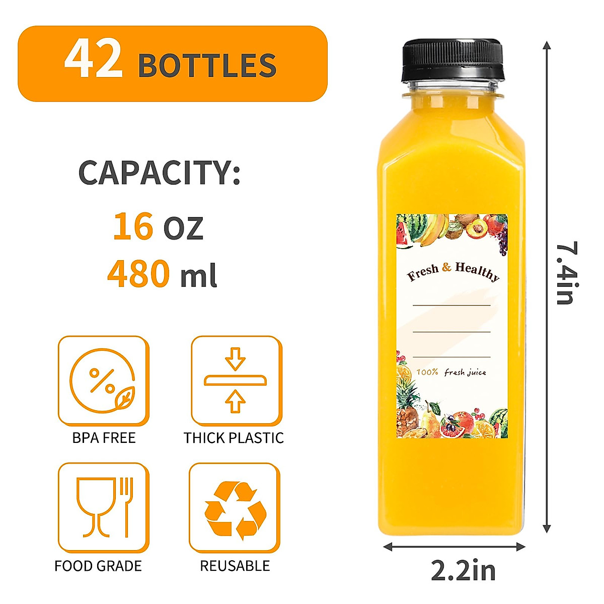 Moretoes 42pcs 16oz Plastic Juice Bottles with Caps, Refrigerator Juice Container with Lid, Reusable Container and Clear Beverage Bottle Can Hold Juice, Smoothies, Milk