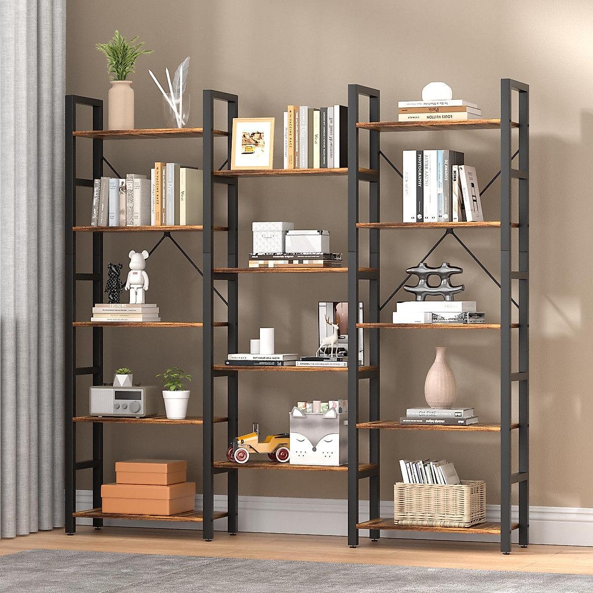 oneinmil Triple Wide 5-Shelves Corner Bookcase Industrial Vintage Wood Style Large Open Bookshelves for Home&Office (Brown, 5-Tier)