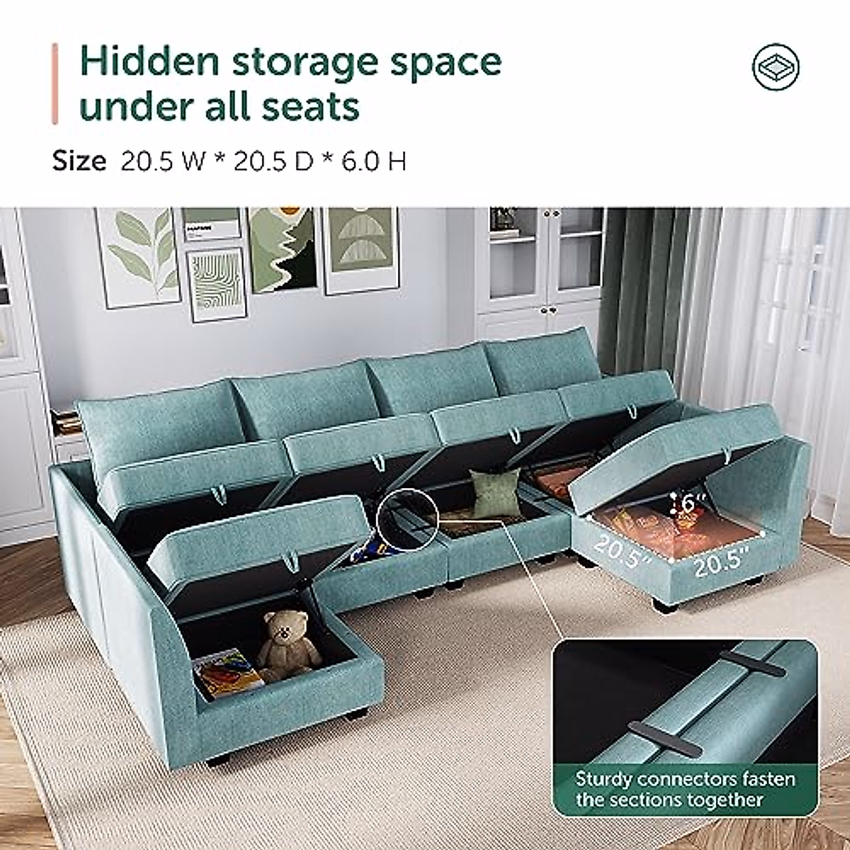 HONBAY Reversible Sectional Sofa Modular Couch U Shaped Sectional Sleeper Sofa with Storage Seats Oversized Sectional Sofa with Wide Chaise for Living Room, Aqua Blue