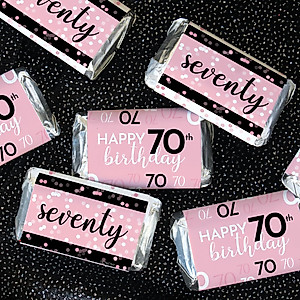 DISTINCTIVS Pink, Black, and White 70th Birthday Party Mini Candy Bar Wrappers - 45 Count, 70th Birthday Decorations for Women