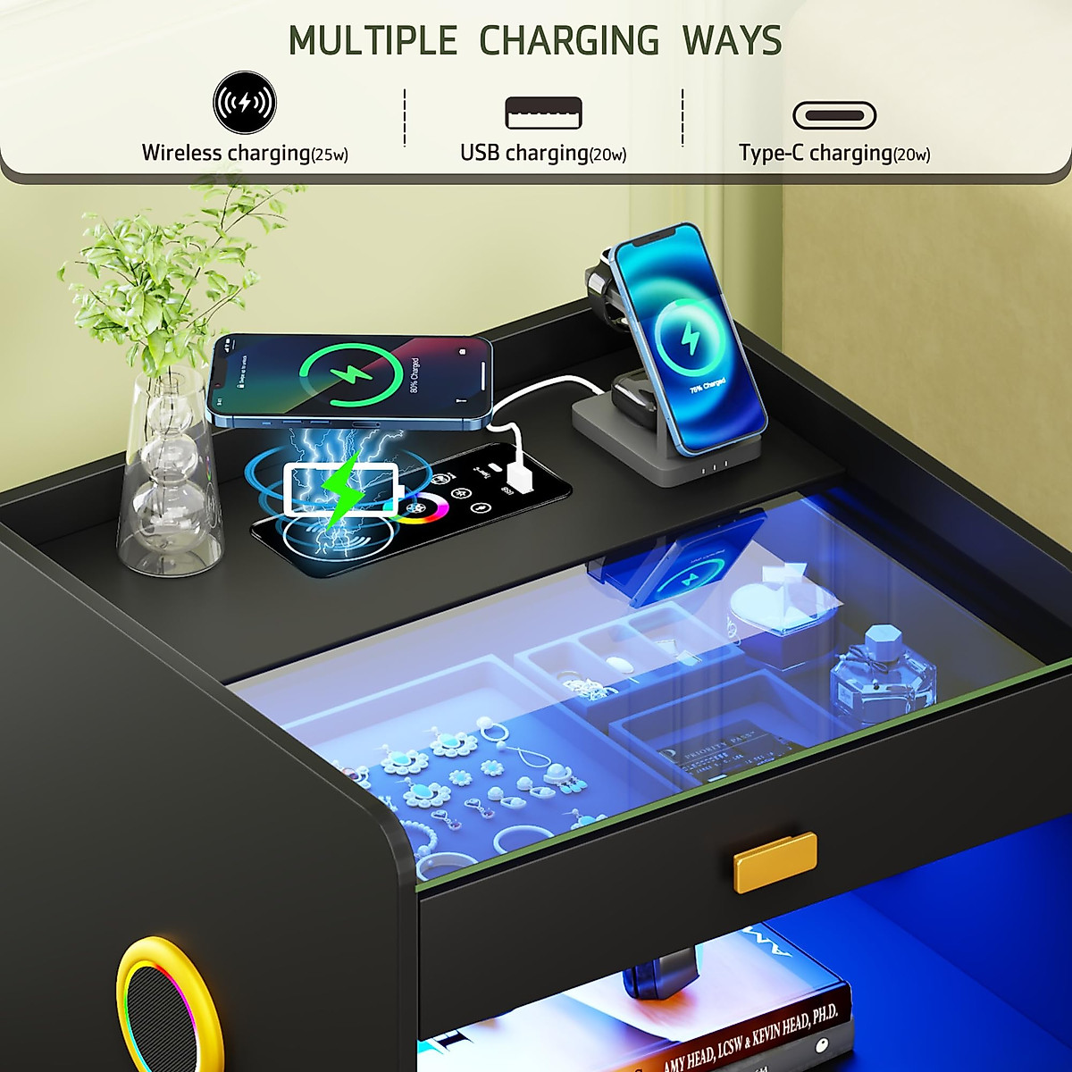 Nightstands with LED Lights, Smart Night Stand with Bluetooth Speakers & Body sensors, Modern Side Tables with Wireless Charging Stations,Black Bedside Table with Drawers (Black)