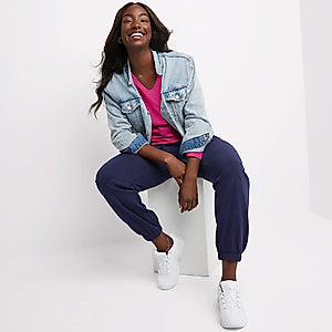 Hanes Comfortblend Women's Originals Long Sleeve Cotton T-Shirt, Lightweight V-Neck Tee, Modern Fit, Sizzling Pink, Large