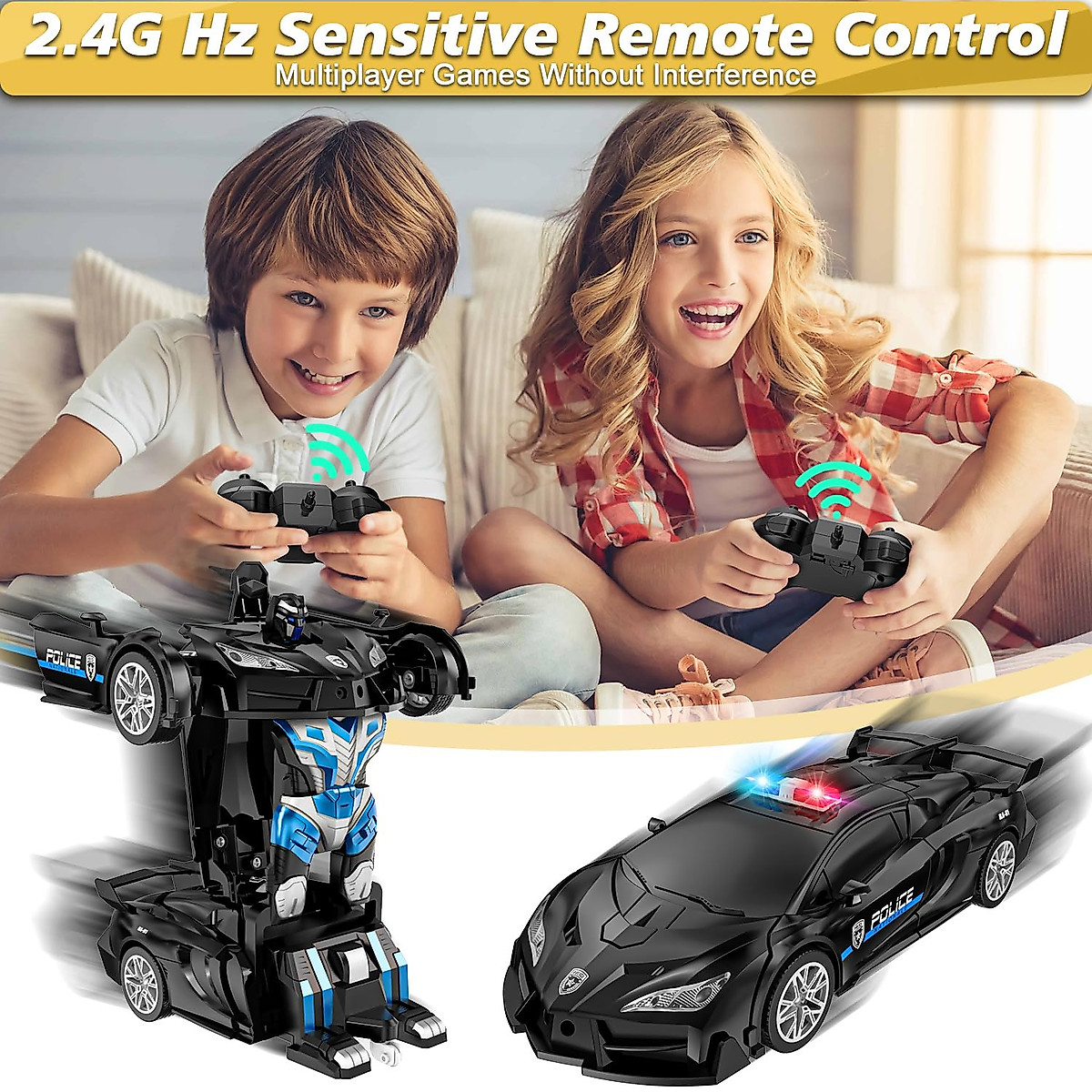 LNNKINE Remote Control Car, Transform Robot RC Cars, 2.4Ghz Transforming Police Car Toy with LED Light, One-Button Deformation and 360° Rotating Drifting, Toys for Boys Age 4-7 8-12