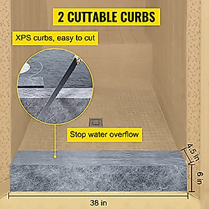 VEVOR Shower Curb Kit, 38"x60" ABS Watertight Shower Curb Overlay with 4" ABS Offset Bonding Flange, 4" Stainless Steel Grate and Trowel, Cuttable Shower Curb, Shower Pan Fit for Bathroom