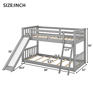 Harper & Bright Designs Bunk Bed Twin Over Twin,Wooden Twin Bunk Bed with Slide & Angled Ladder, Low Profile Toddler Bunk Beds for Kids, Floor Bunk Beds for Girls Boys,Grey