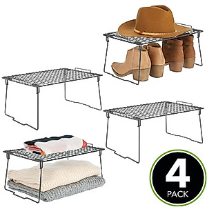 mDesign Modern Stackable Metal Closet, Cabinet, Countertop Organizer Storage Shelves for Bedrooms, Bathrooms, Entryways, Hallways - Durable Steel, Non-Skid Feet - 4 Pack - Graphite Gray