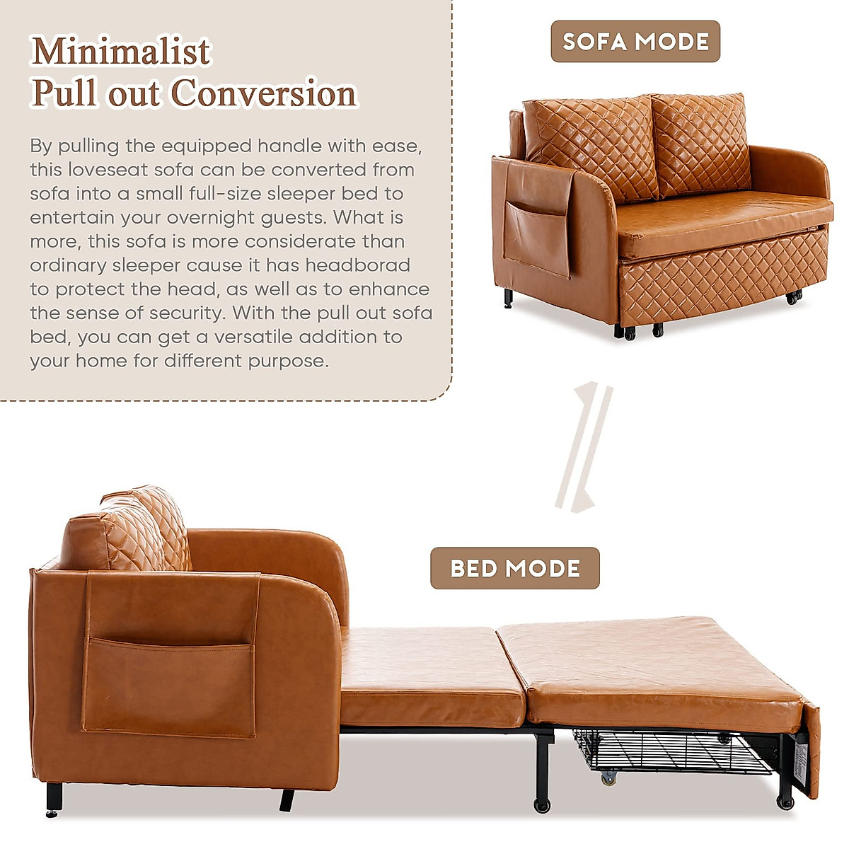 Deolme Convertible Sleeper Sofa Bed, Modern Loveseat Couch with Pull Out Bed, Small Love Seat Futon Sofa Bed with 2 Pillows&Side Pockets&Storage for Living Room,Sofa cama para habitacion (Brown PU)
