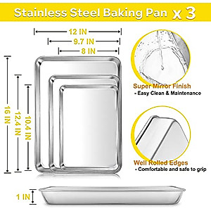 E-far Baking Cookie Sheet Pan Set of 3, 16/12.4/10.4 Inch, Stainless Steel Baking Pans Set for Oven, Rectangle Baking Tray for Cooking Roasting, Non Toxic & Easy Clean, Dishwasher Safe