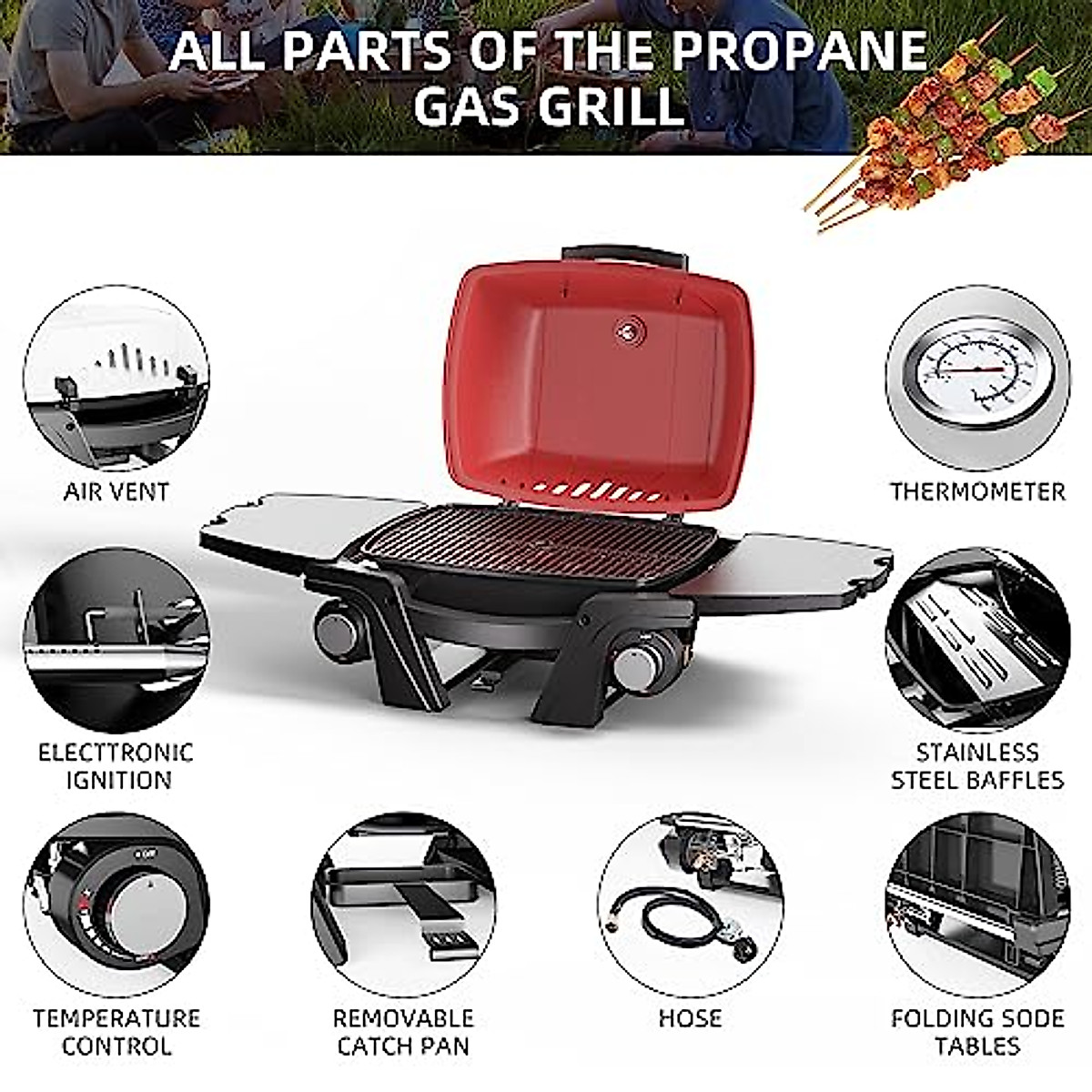 Portable Gas Grill, Portable Propane Grill, Propane Gas Grill, 24,000 BTU Outdoor Tabletop Small BBQ Grill with Two Burners, Removable Side Tables, Gas Hose and Regulator, Built in Thermometer, Red
