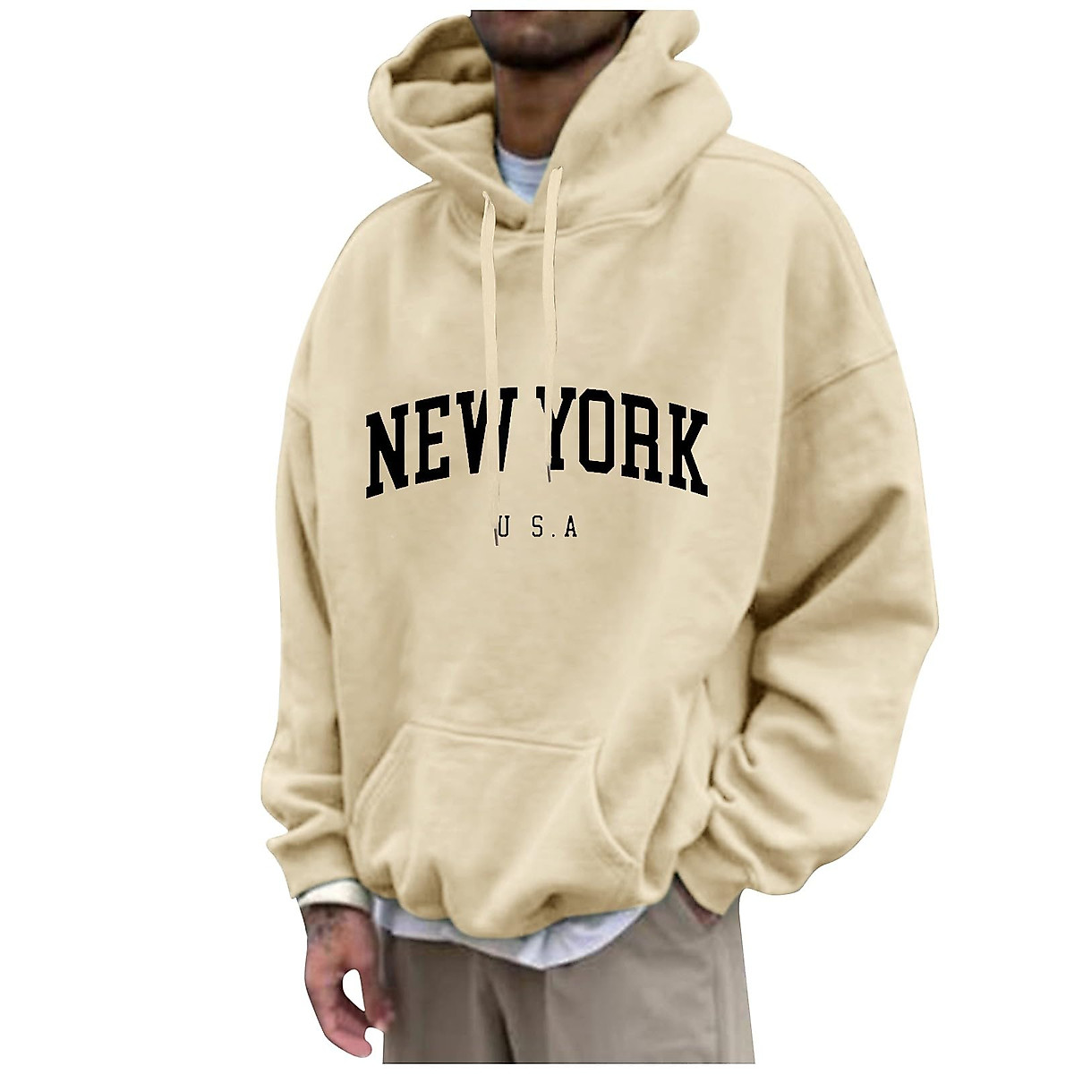 Men's Oversized Pullover Letter Print Graphic Hoodies Long Sleeve Casual New York Sweatshirt with Pocket Mens Pockets Hoodie Black Hoodies Men Trendy Clothes For Men,(Khaki,6XL)