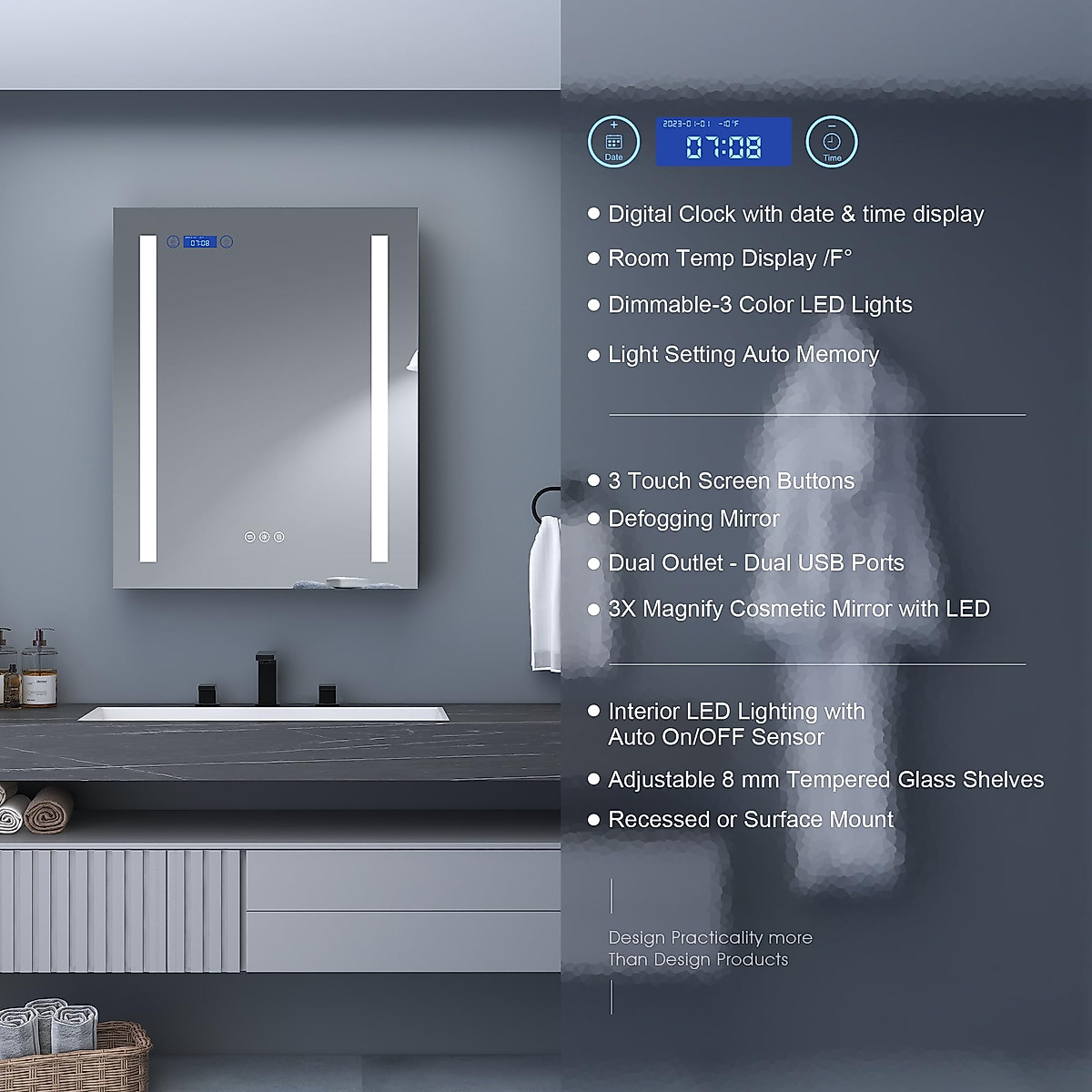 FRALIMK LED Medicine Cabinet with Vanity Mirror Lights, 24x30 inch Bathroom Wall with Defogger, Date/Time, Room Temp Display, 3X Makeup Mirror, Outlet, Recessed or Surface,Right Hinge