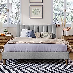 DUNTRKDU Queen Size Bed Frame, Modern Linen Upholstered Platform Bed with Vertical Channel Tufted Headboard for Boys Girls Bedroom Living Room, No Box Spring Needed (Gray)