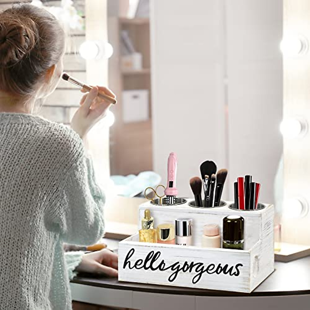 Rustic White Hair Dryer Holder, Curling Iron Holder Hair Tool Organizer, Hair Product Organizer, Hair Styling Tools Accessories Organizer, Blow Dryer Holder for Bathroom Countertop Vanity Storage