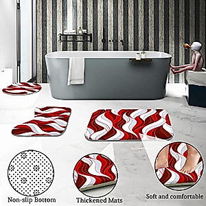 Poedist 4 Pcs Bathroom Shower Curtain Set,Red Stripe Bathroom Decor Trendy Style Shower Curtain Sets with Rugs(Bath Mat,U Shape and Toilet Lid Cover Mat) and 12 Hooks