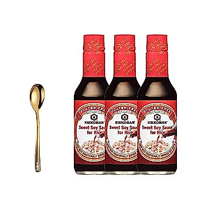Kikkoman sweet soy sauce for rice 10 Fl Oz (Pack of 3) with Moofin Golden SS Spoon - Gluten Free Kecap Manis Sweet Soy Sauce Kikkoman