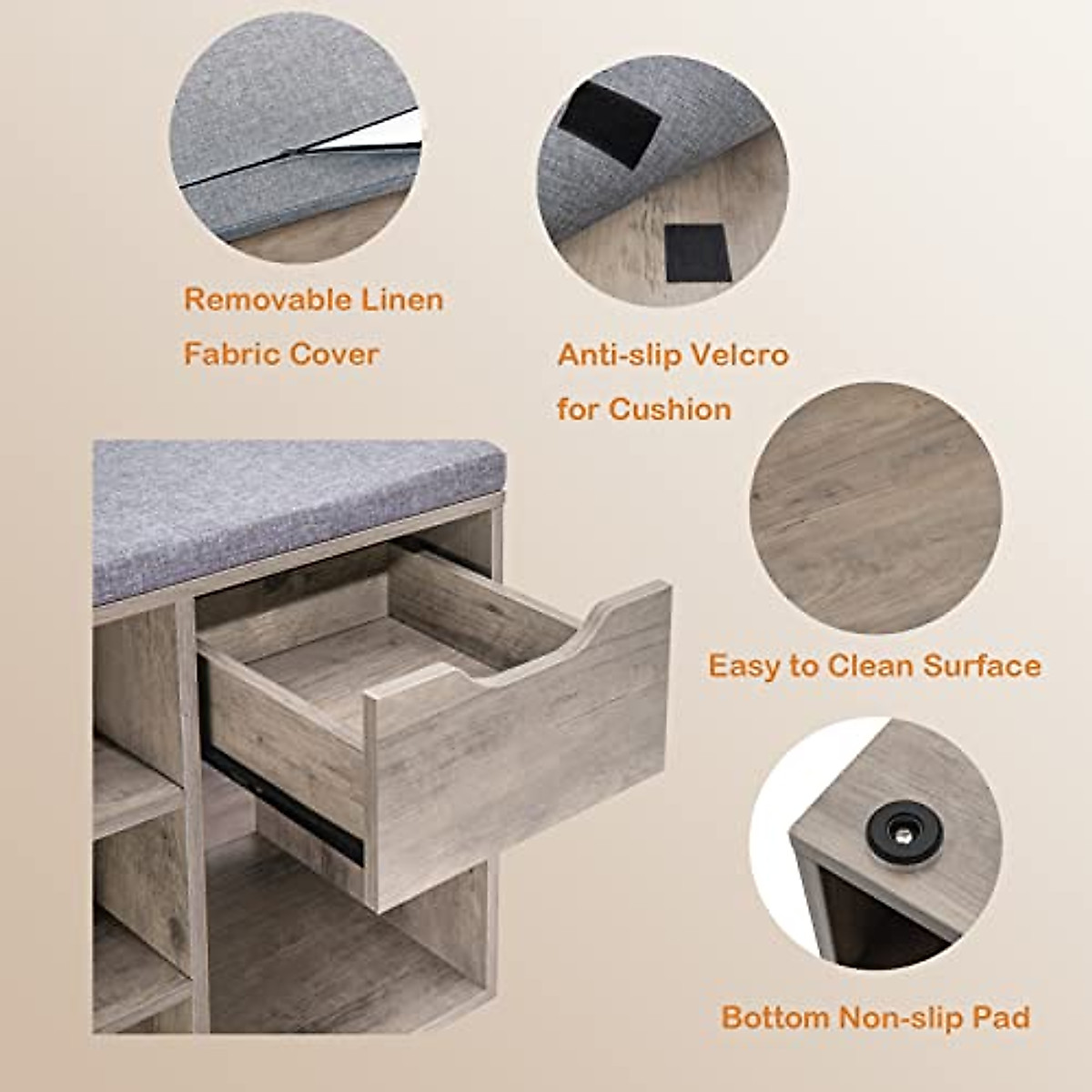 DINZI LVJ Shoe Bench,Entryway Storage Bench with Drawer and 8 Cubbies,Cubby Rack Adjustable Shelves,Shoe Organizer Cabinet for Living Room,Bedroom,Mudroom,Closet Garage,Greige (M04XD01XY01-1)