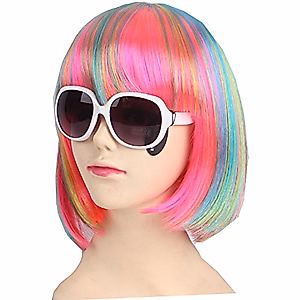 KOLIGHT Fashion Colorful Short Straight Halloween Wigs Women Girls Replacement Cosplay Costume Hair Wigs with Cap+Comb (Blue)