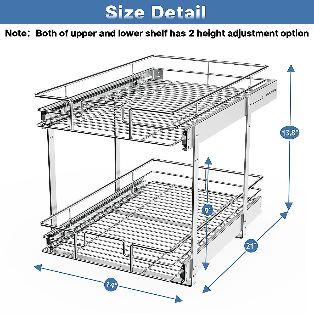 LOVMOR 2 Tier Individual Pull Out Cabinet Organizer 14" W x 21" D, Slide Out Kitchen Cabinet Storage Sliding Shelves