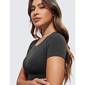CRZ YOGA Womens Butterluxe Double Lined Short Sleeve Crop Tops Crew Neck Casual Workout T-Shirt Cute Basic Tee Black Small
