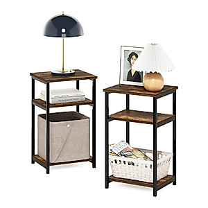 Furinno Just 3-Tier Metal Frame End Table with Storage Shelves, 2-Pack, Amber Pine