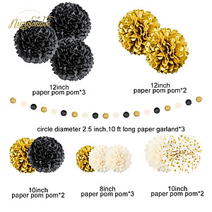 NICROLANDEE Black Gold Party Decorations, 15 PCS Tissue Paper Pom Poms Kit for 2025 New Year Party, Wedding, Birthday, Engagement, Graduation Party Decor, Paper Garland Flower Ball Ceiling Wall Decor