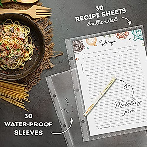 Recipe Book for OWN Recipes 11.4" X 11.8", Recipe Book, Recipe Binder with 30 Full Doble-Side Sheets and 30 Plastic Sleeves, Blank Recipe Book Recipe Book to Write Your Own Recipes with Matching Pen.