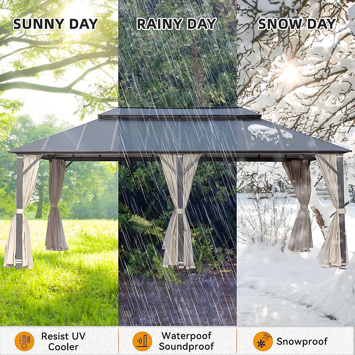 EROMMY 12'x20' Gazebo Double Aluminum Composite Roof Permanent Pavilion Gazebo Outdoor Hardtop Aluminum Frame Canopy with Curtains and Netting for Backyard Patio Lawn Garden