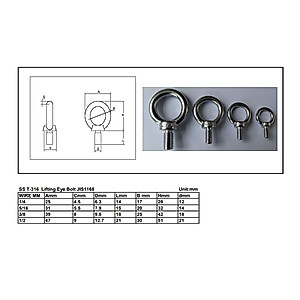 T316 Stainless Steel Lifting Eye Bolt 1/4" UNC (20 PCS)