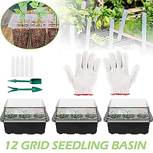 DAPANGYOUNG 3 Pack Seed Starter Tray Kit fo Glove Plant with Adjustable Humidity Dome and Base Trays Seedling for Germination Growing, Greenhouse Grow (12 Cells per Tray) (Black), 7 x 5.5 2 inches