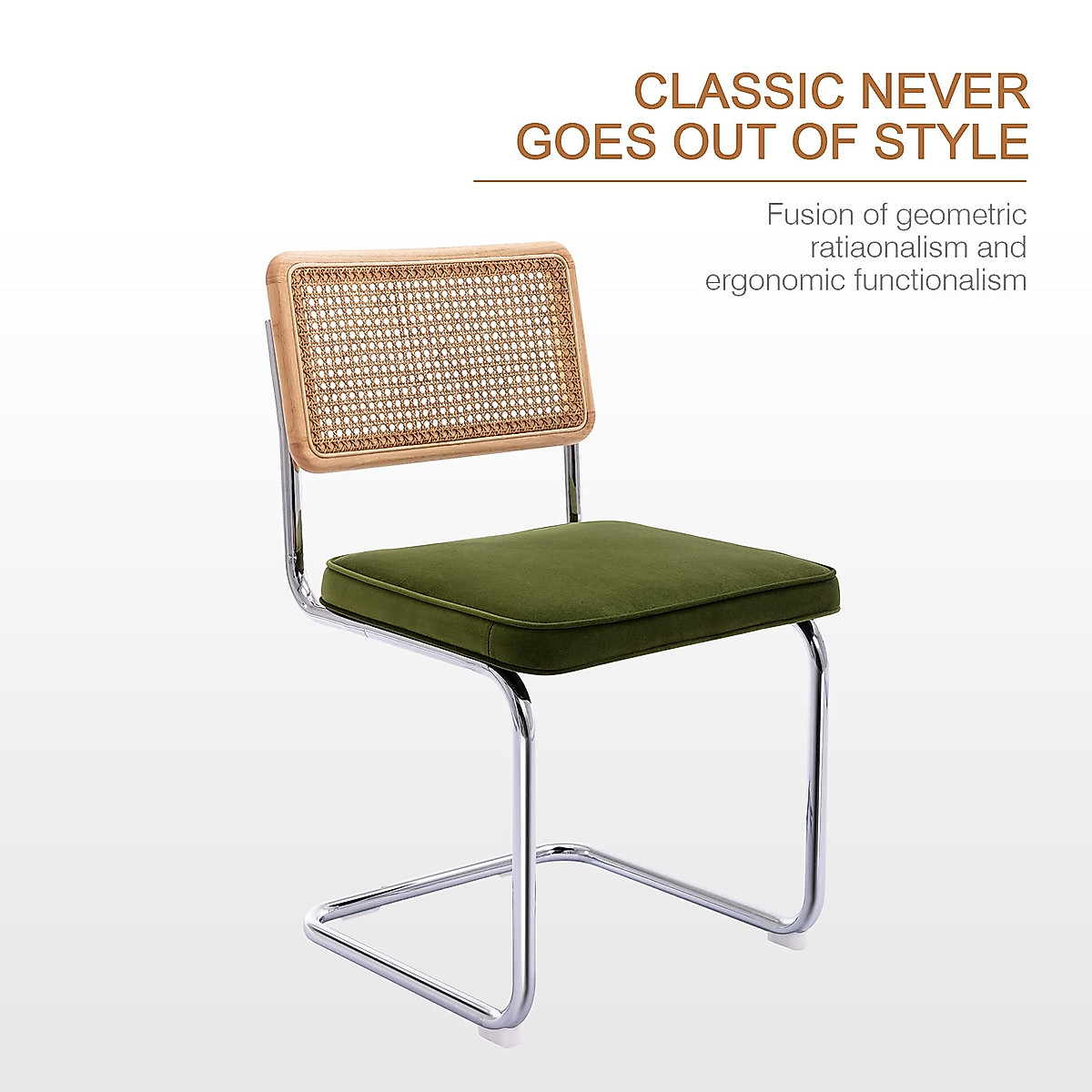 Zesthouse Dining Chairs Set of 4, Velvet Accent Chairs with Natural Cane Back & Stainless Chrome Base, Modern Mid Century Breuer Designed Chairs, Upholstered Rattan Dining Room Kitchen Chairs