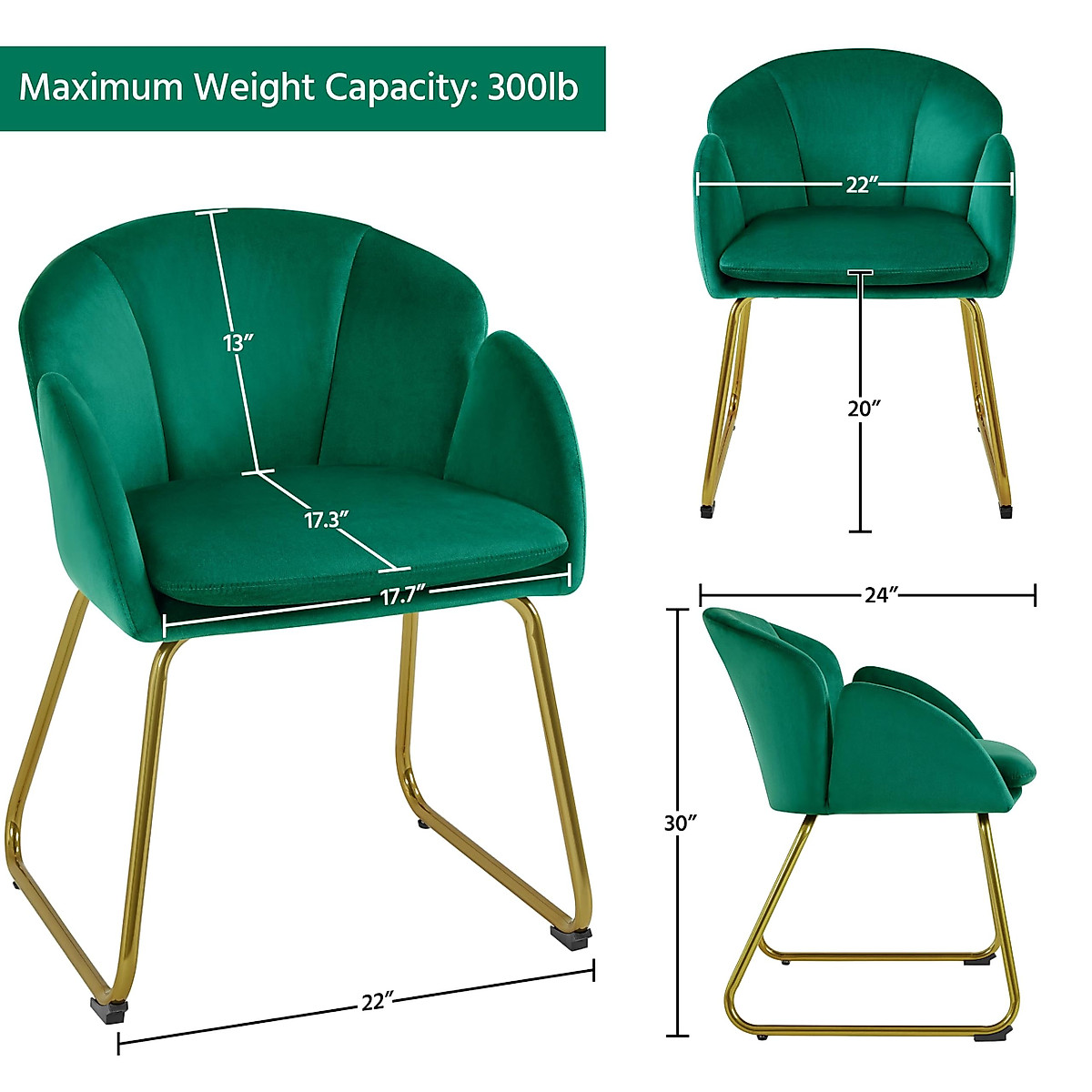 Yaheetech Flower Velvet Vanity Chair, Modern Side Chair Armchair with Golden Metal Legs for Living Room/Dressing Room/Bedroom/Home Office/Kitchen, Green