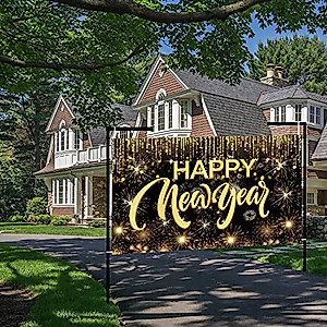 Happy New Year Hanging Extra Large Fabric Sign Poster Background Banner with Firework Pattern for New Year Party Decorations