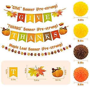 Thanksgiving Decorations Indoor, Thanksgiving Party Decorations Set Includes 3 Pre-strung Banners, 18 Hanging Swirls, 2 Turkey Honeycombs, 4 Tissue Pom Poms for Office, Classroom, Home Decor