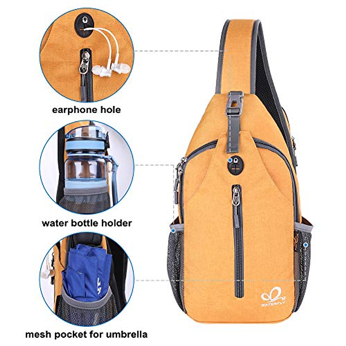 WATERFLY Crossbody Sling Backpack Sling Bag Travel Hiking Chest Bag Daypack