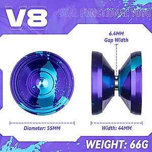 Yoyo Professional Responsive Yoyo V8 - Dual Purpose Yoyo for Kids Beginners, Pro Metal Yo Yo for Adults with Unresponsive Yoyo Bearing + 12 Yoyo Strings, Yo-yo Case Bag, Removal Tool (Purple Blue)